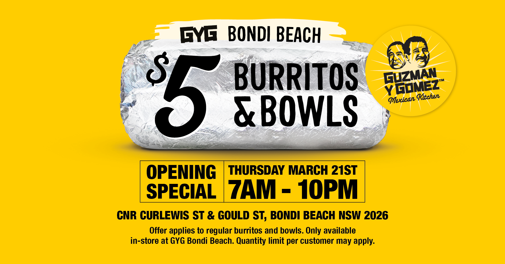 WELCOME GYG BONDI BEACH WITH $5 BURRITOS & BOWLS - GYG Mexican Kitchen